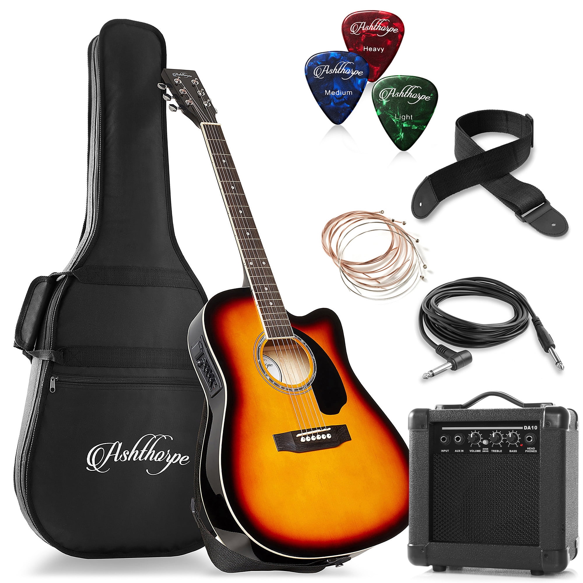 Ashthorpe Full-Size Thinline Cutaway Acoustic Electric Guitar Set with ...