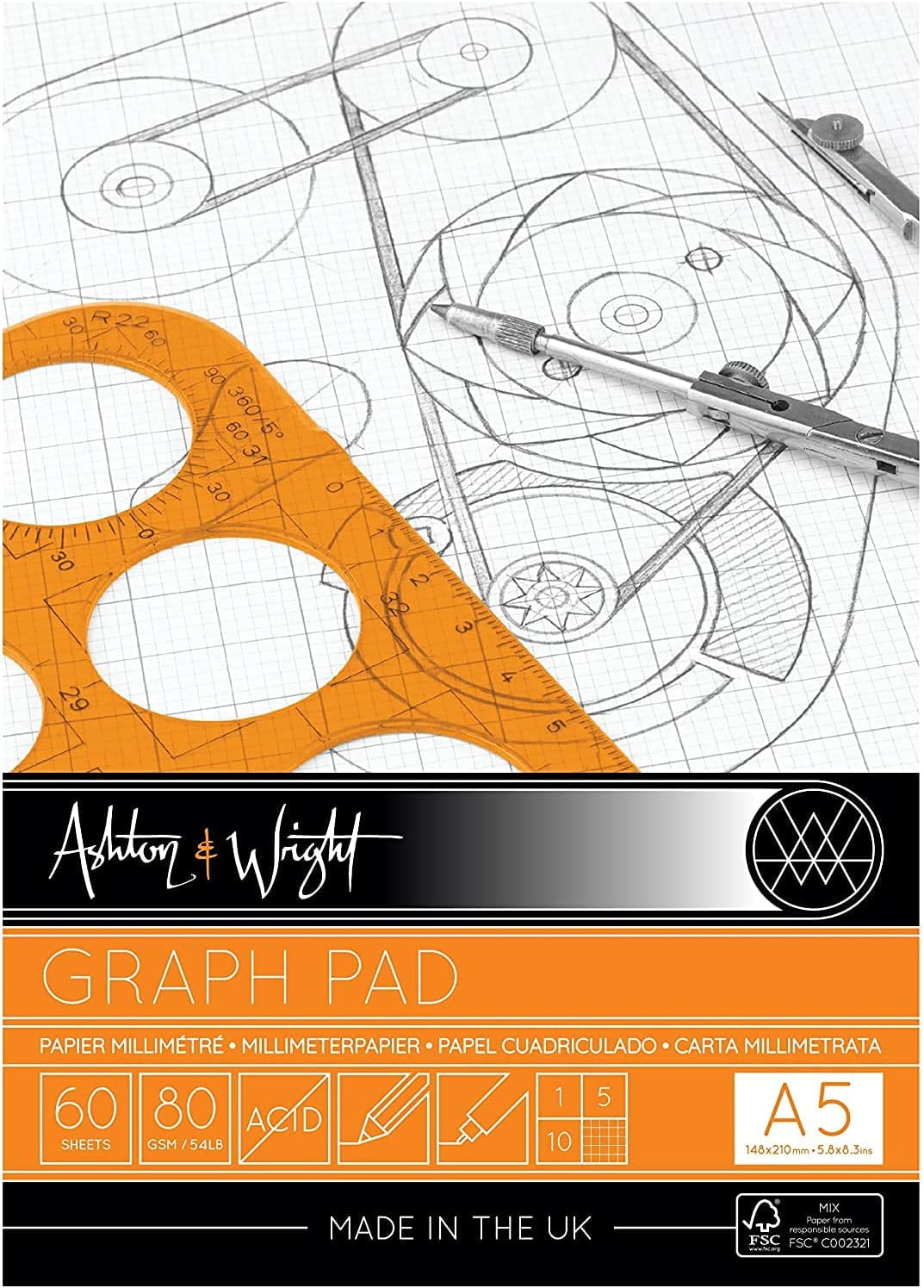 Ashton and Wright A5 Grid Graph Pad - 60 Acid-Free 50gsm Sheets, 5.8" x ...