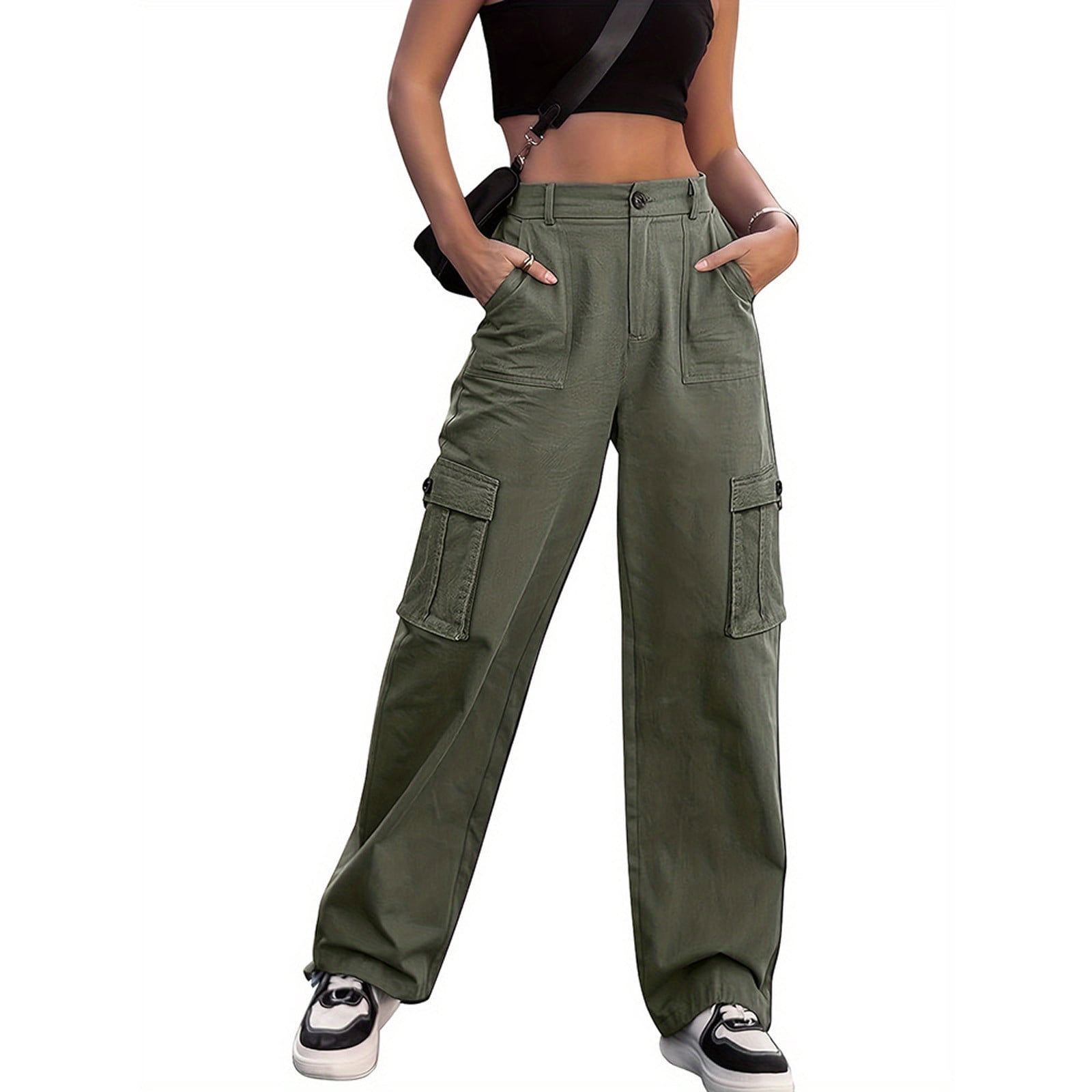 Ashyfjp Cargo Pants for Women Trendy Solid Color Straight Leg Full ...