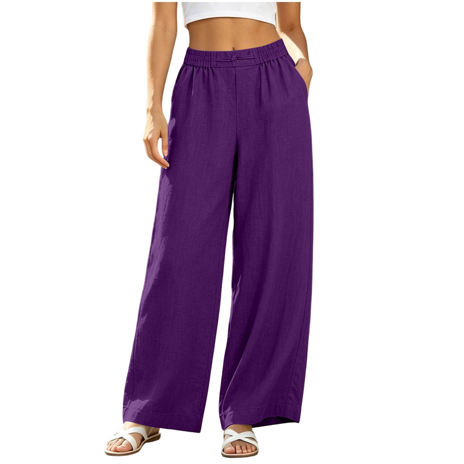 Ashyfjp Casual Bottoms for Women Solid Wide-Leg Pants Center Button ...