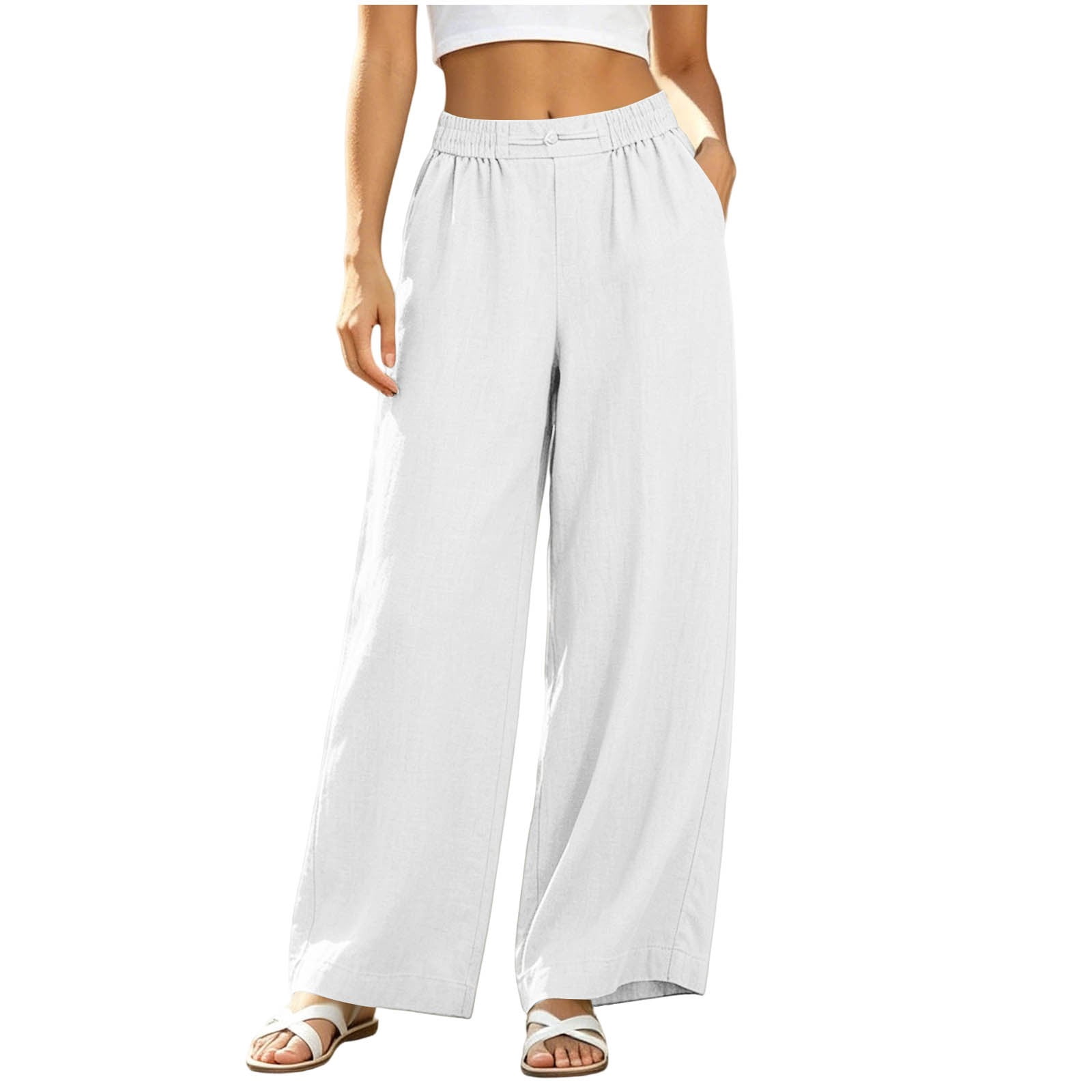Ashyfjp Casual Bottoms for Women Solid Wide-Leg Pants Center Button ...