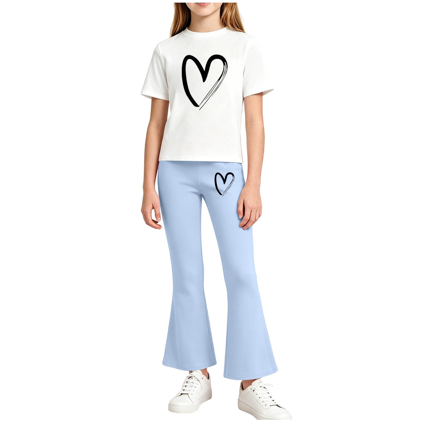 Ashyfjp Girls 2-Piece Outfit Set Heart Print Crew Neck Short Sleeve Top ...