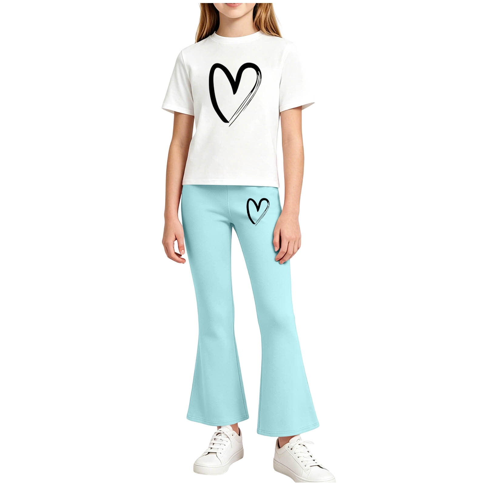 Ashyfjp Girls 2-Piece Outfit Set Heart Print Crew Neck Short Sleeve Top ...