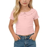 Ashyfjp Girls Basic Tops Trendy Solid Short Sleeve Collared Ribbed Tee ...