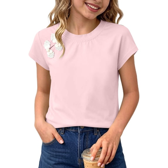 Ashyfjp Girls Everyday Tees Casual Solid Color Short Sleeve Round Neck ...