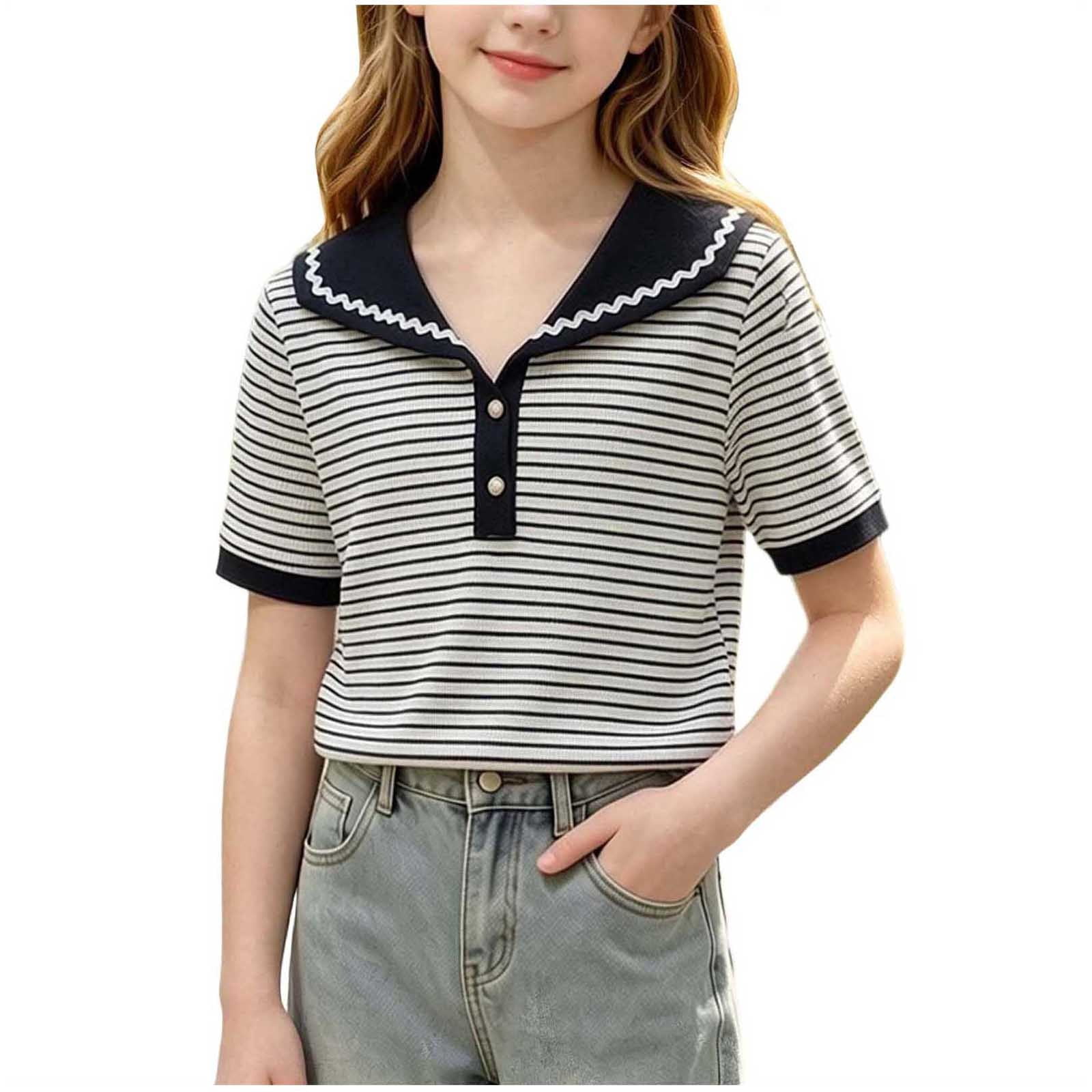 Ashyfjp Girls Fashion Tops Casual Contrast Trim Striped Lapel Tee with ...