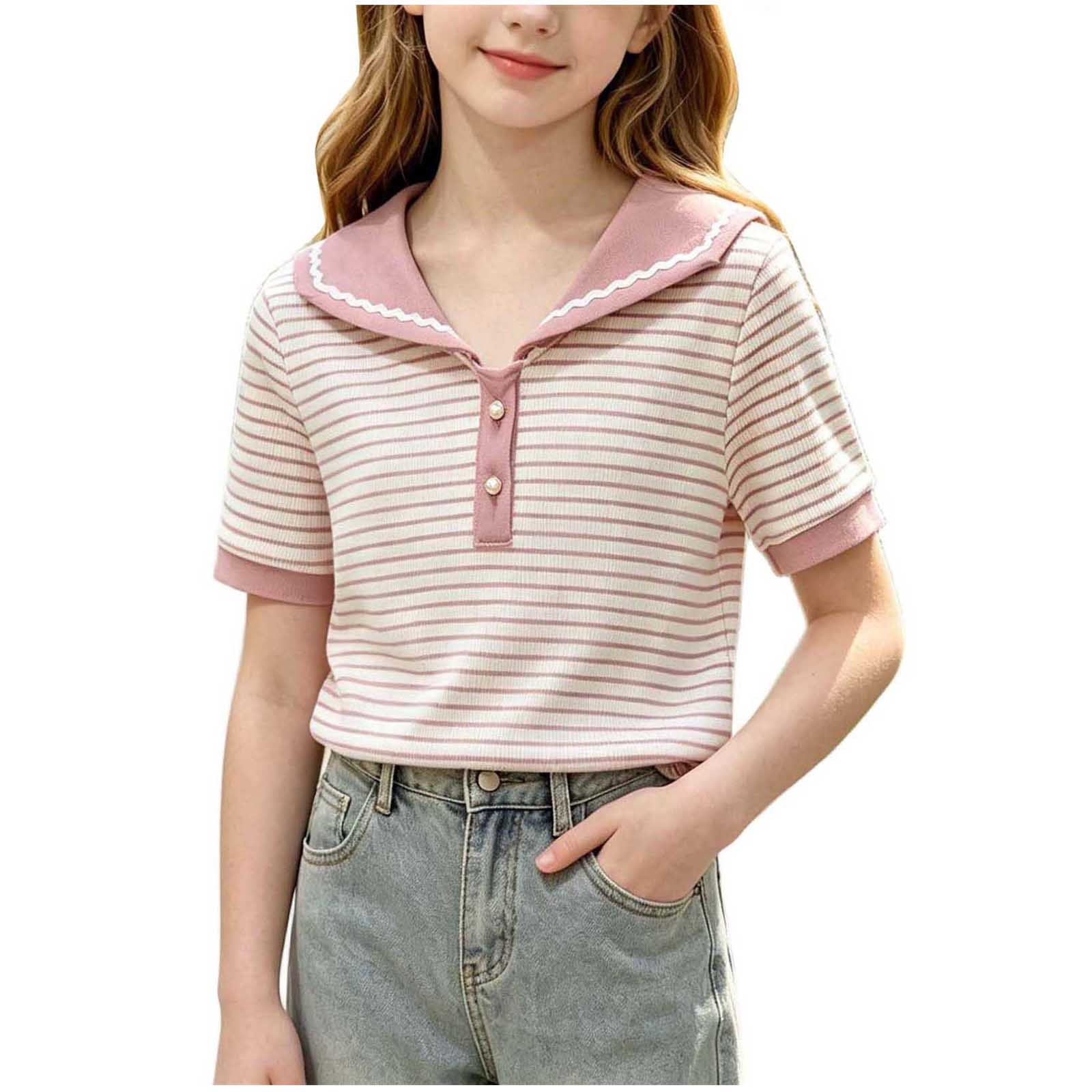 Ashyfjp Girls Fashion Tops Casual Contrast Trim Striped Lapel Tee with ...