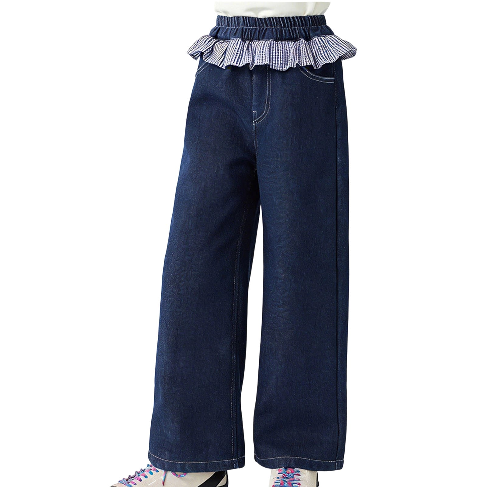 Ashyfjp Girls Jeans Casual Solid Denim Wide-Leg Trousers Plaid Ruffle ...