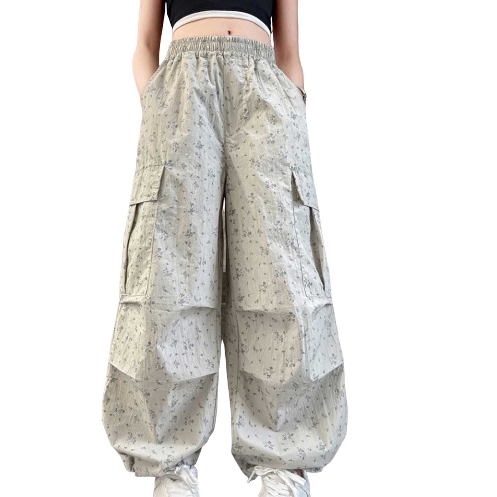 Ashyfjp Girls Pants Trendy Floral Print Crinkle Blend Loose Cargo ...