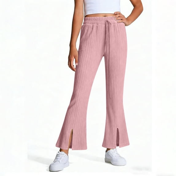 Ashyfjp Girls Pants Trendy Solid Color Drawstring Elastic Waist Ribbed ...