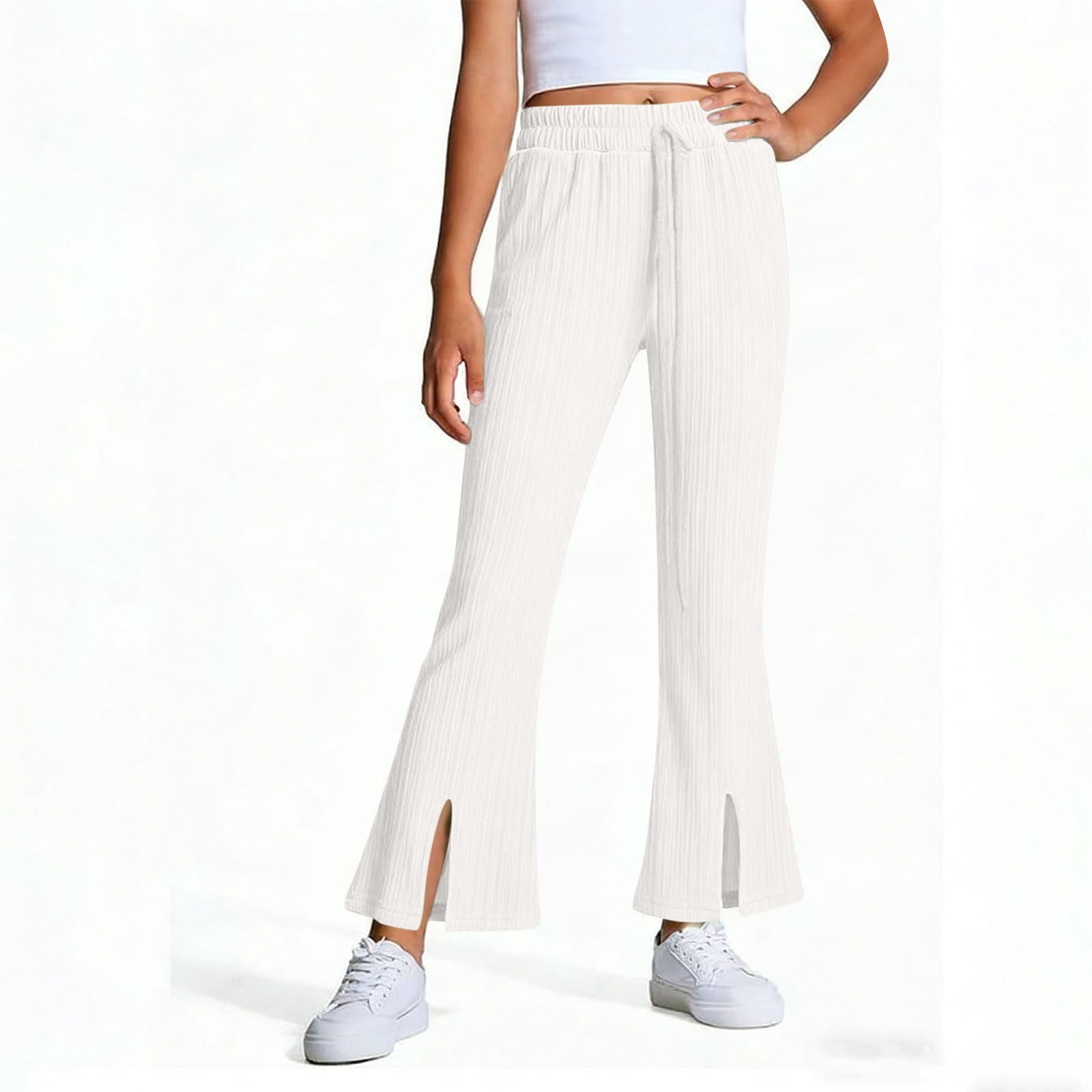 Ashyfjp Girls Pants Trendy Solid Color Drawstring Elastic Waist Ribbed ...