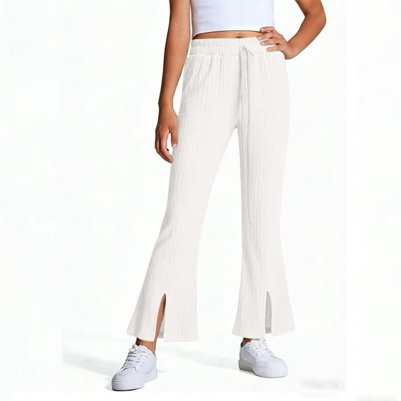 Ashyfjp Girls Pants Trendy Solid Color Drawstring Elastic Waist Ribbed ...