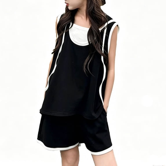 Ashyfjp Girls Sleeveless Two-Piece Outfit Set Contrast Piping Hooded ...