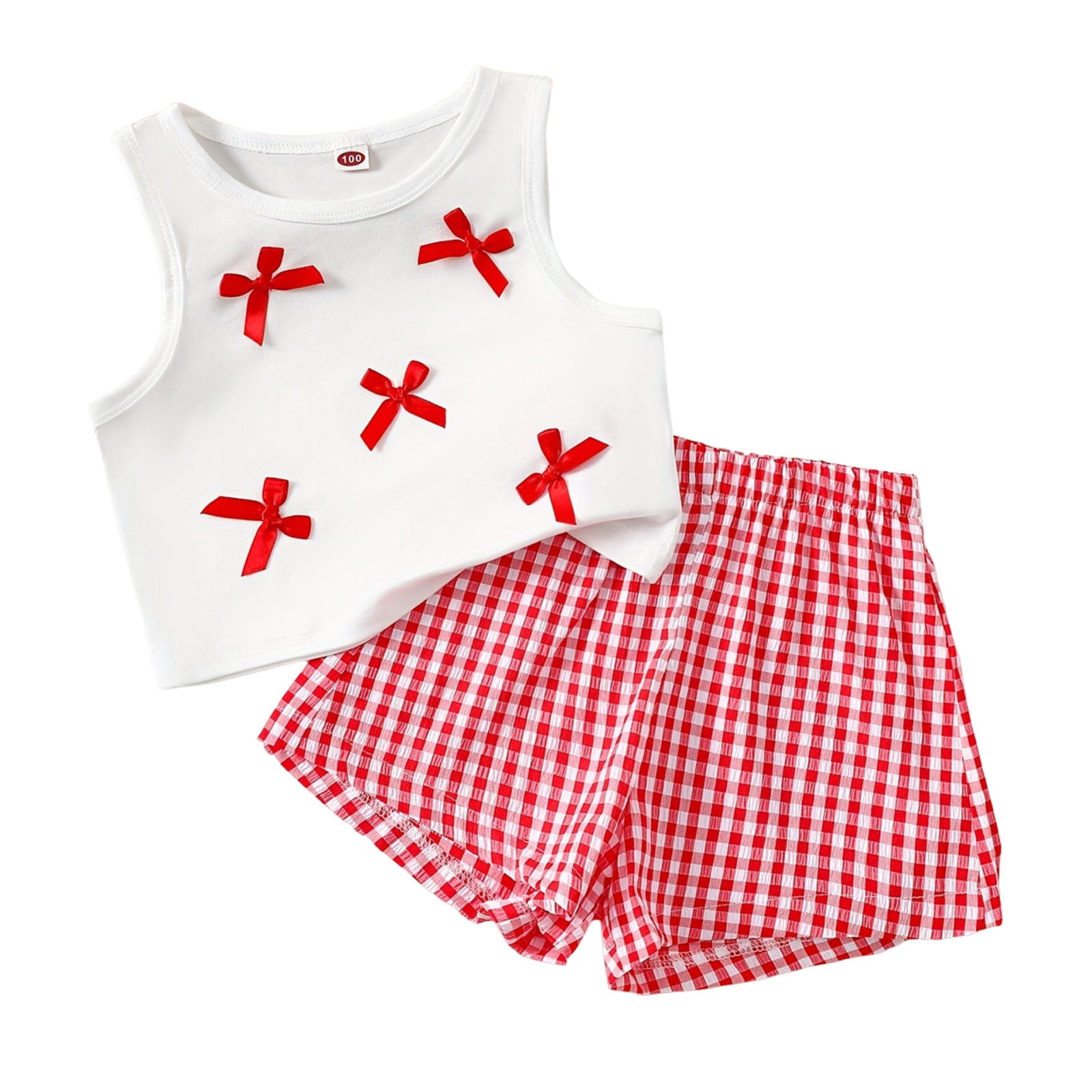 Ashyfjp Girls Summer Matching Set Sleeveless Bow Detail Top & Checkered ...