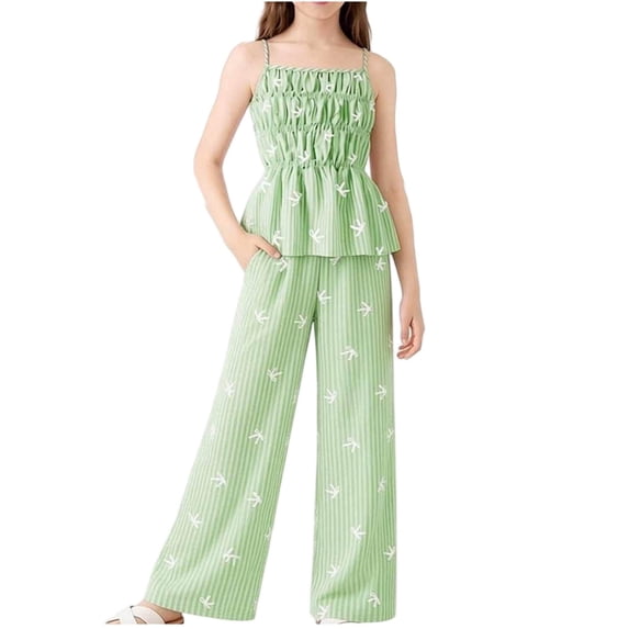 Ashyfjp Girls Summer Outfit Bow Print Loungewear 2-Piece Set Spaghetti ...
