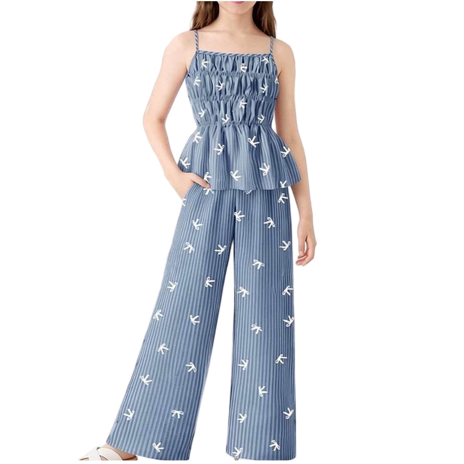 Ashyfjp Girls Summer Outfit Bow Print Loungewear 2-Piece Set Spaghetti ...