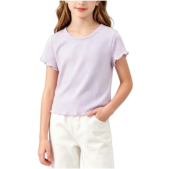 Ashyfjp Kids Casual Tops Solid Color Short Sleeve Crew Neck Rib Knit T ...