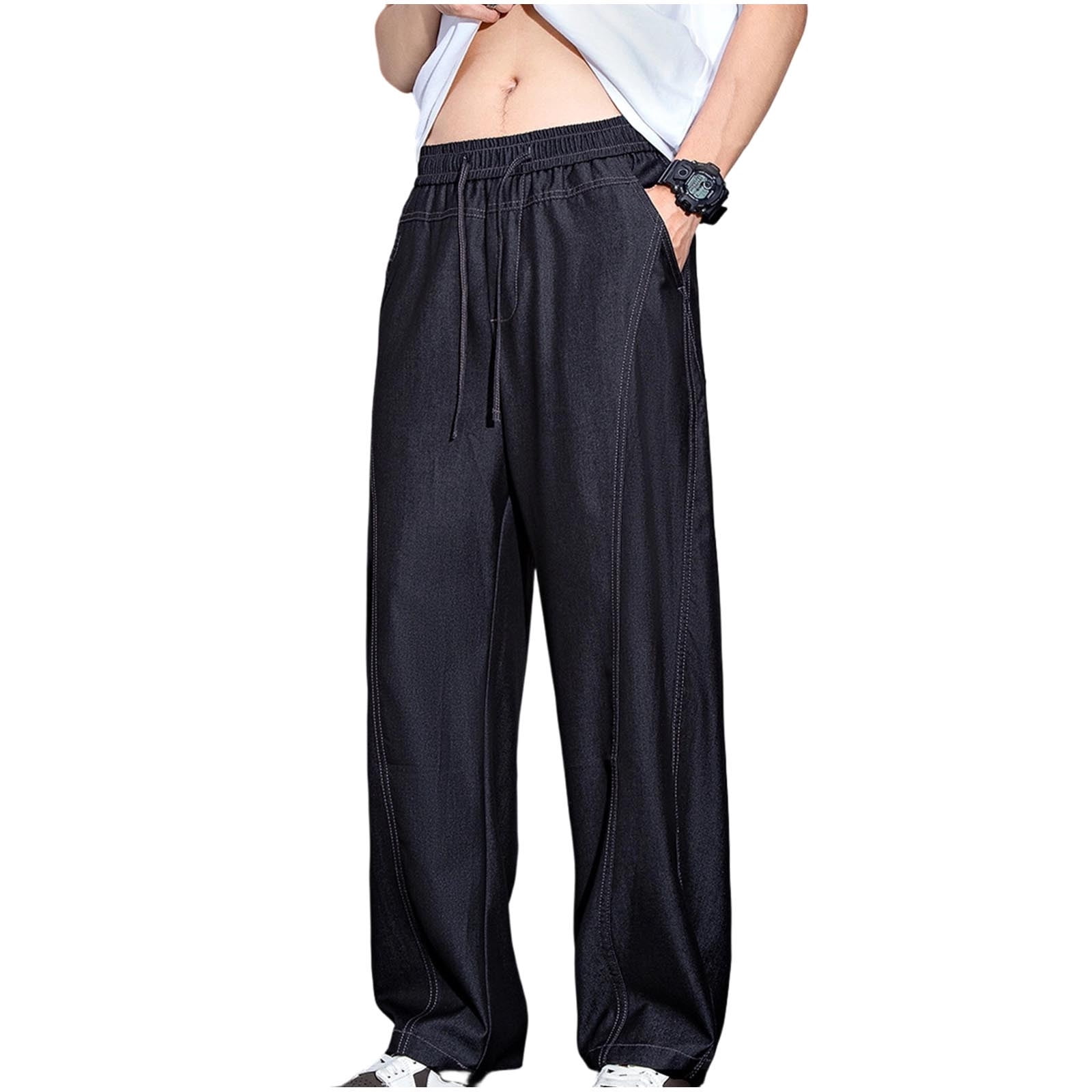 Ashyfjp Pants for Men Trendy Solid Color Elastic Waist Drawstring ...