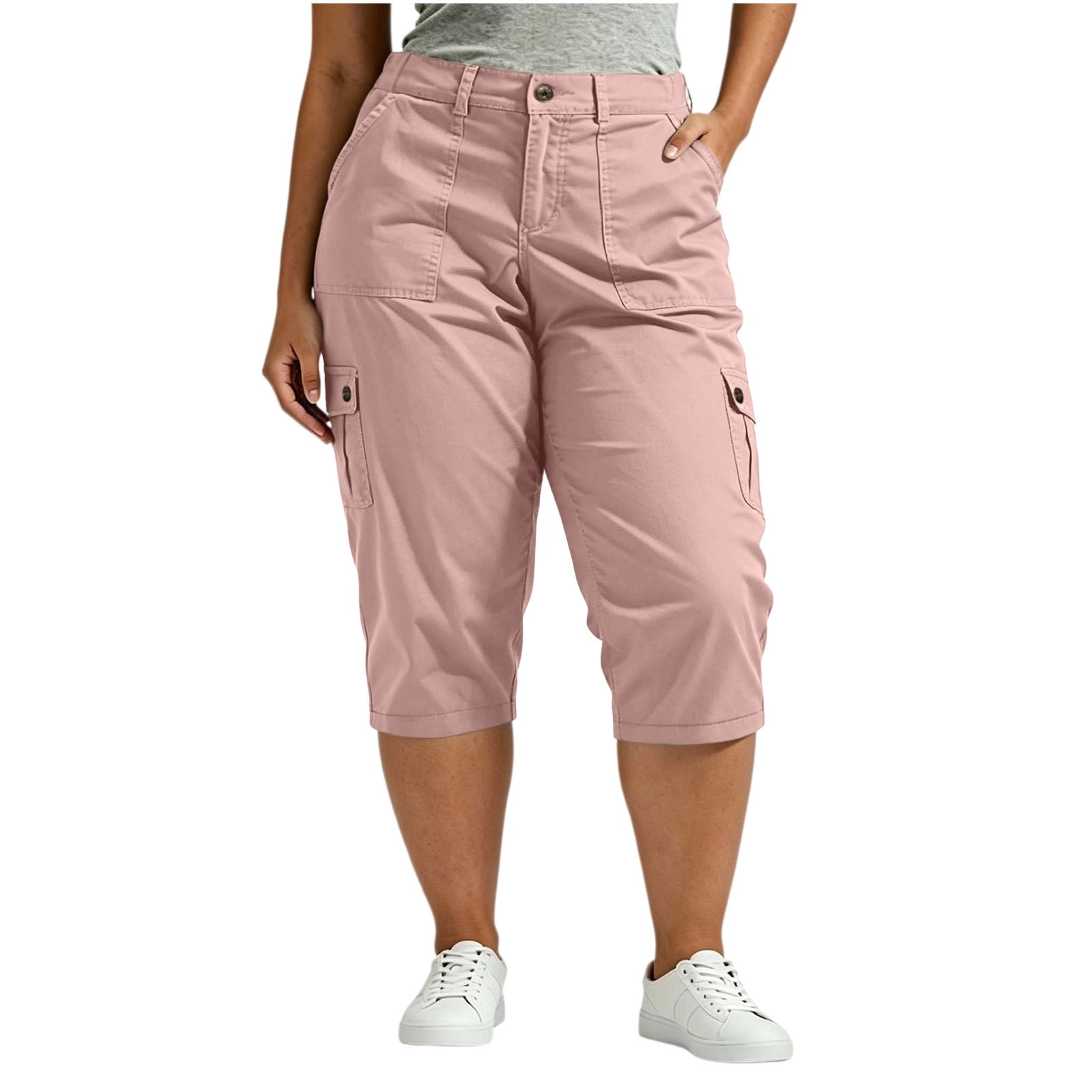 Ashyfjp Pants for Women Casual Solid Cropped Cargo Trousers Button ...
