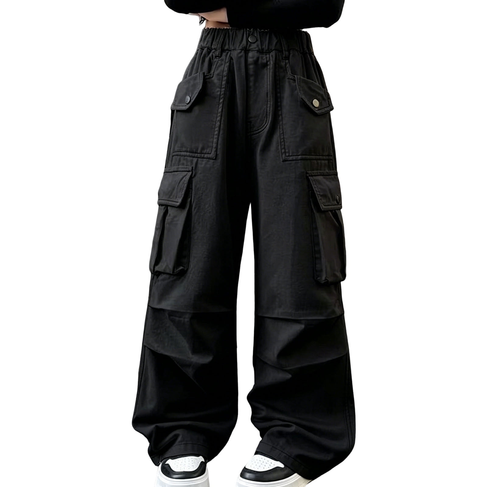 Ashyfjp Relaxed Cargo Pants for Girls Elastic Waist Solid Soft Fabric ...