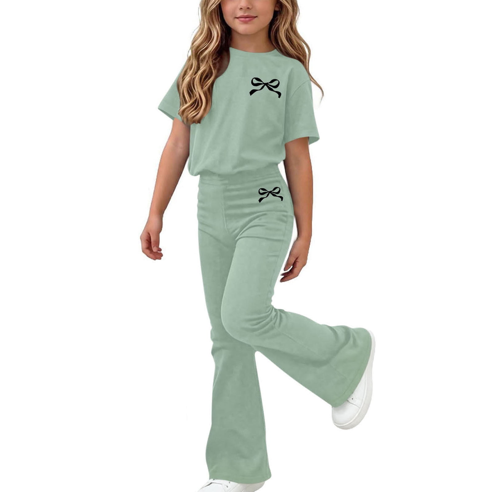 Ashyfjp Toddler Girls Casual Printed Set Short Sleeve T-Shirt & Flared ...