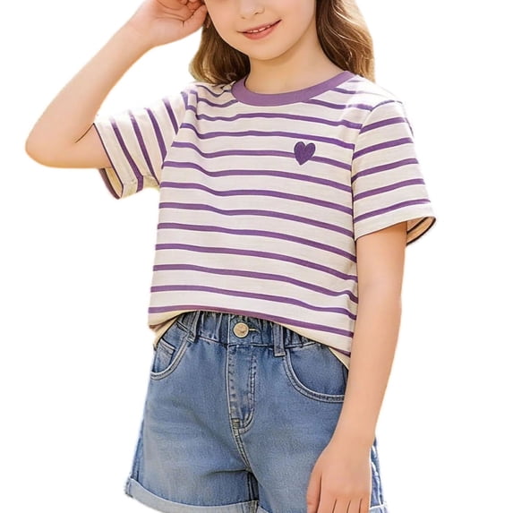 Ashyfjp Toddler Girls Tees Trendy Horizontal Striped Short Sleeve Round ...