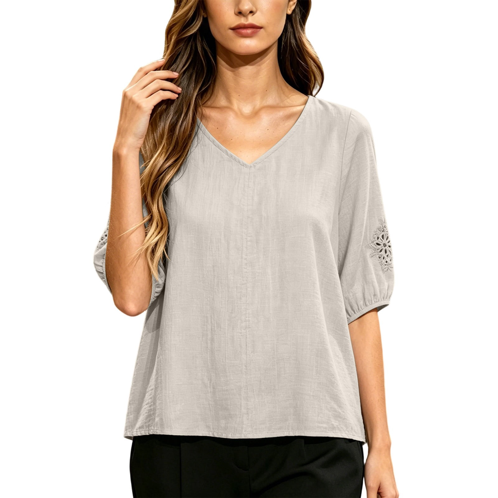 Ashyfjp Tops for Women Everyday Basic V Neck Elbow Puff Sleeve Floral ...