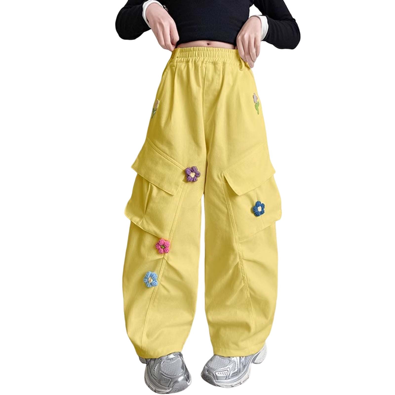 Ashyfjp Trendy Cargo Trousers for Girls Solid Color Wide-Leg Loose ...