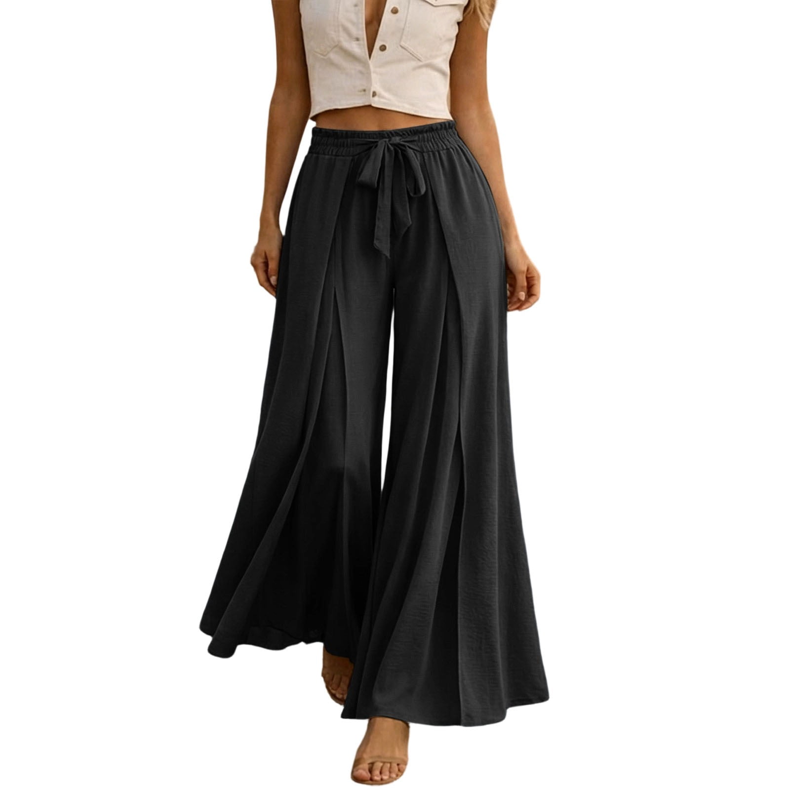 Ashyfjp Women Pants Casual Elastic Drawstring High Waist Split Front ...