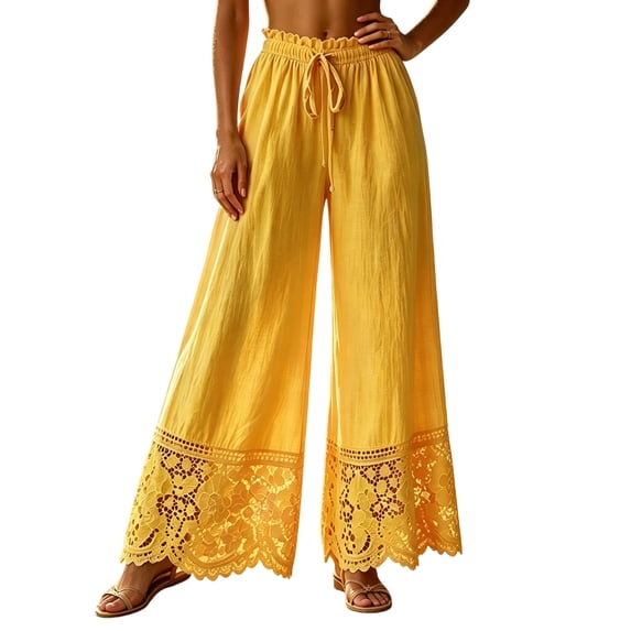 Ashyfjp Women Pants Casual Ruffled Elastic Drawstring High Waist Wide ...