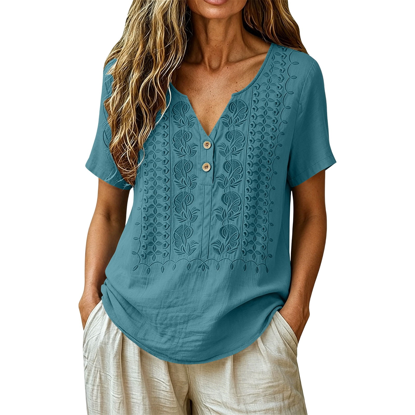 Ashyfjp Womens Blouses Casual Solid Color Short Sleeve Notch Neck ...