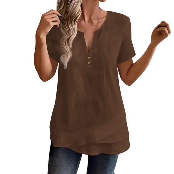 Ashyfjp Womens Blouses Casual Solid Color Short Sleeve Notch Neck ...