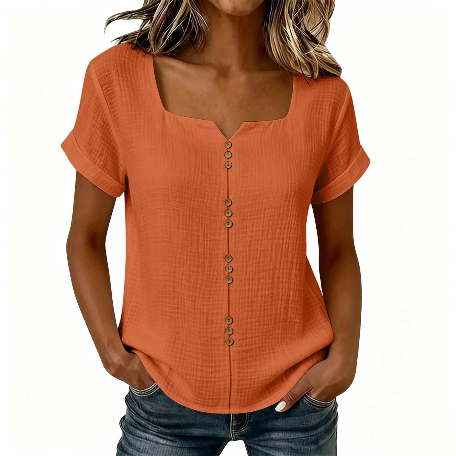 Ashyfjp Womens Blouses Casual Solid Color Short Sleeve Square Neck ...