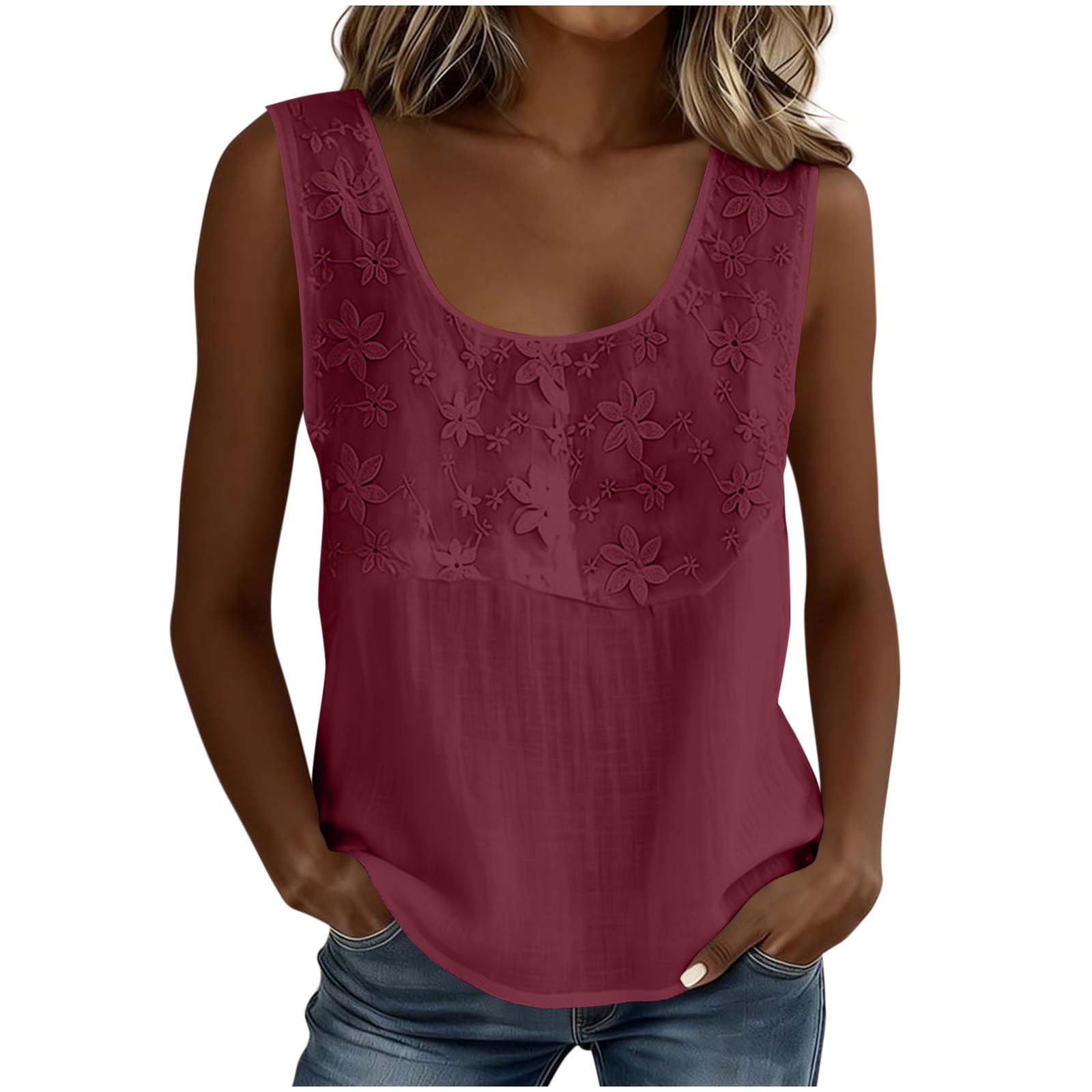 Ashyfjp Womens Blouses Trendy Solid Color Sleeveless Scoop Neck Floral ...