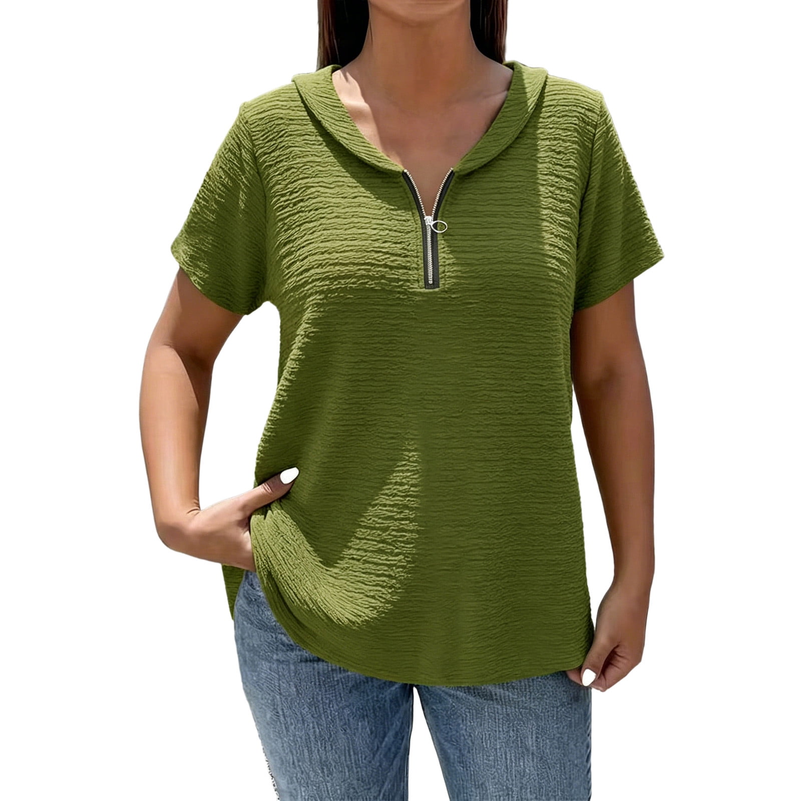 Ashyfjp Womens Casual Shirts Solid Color Short Sleeve Lapel Half Zipper ...
