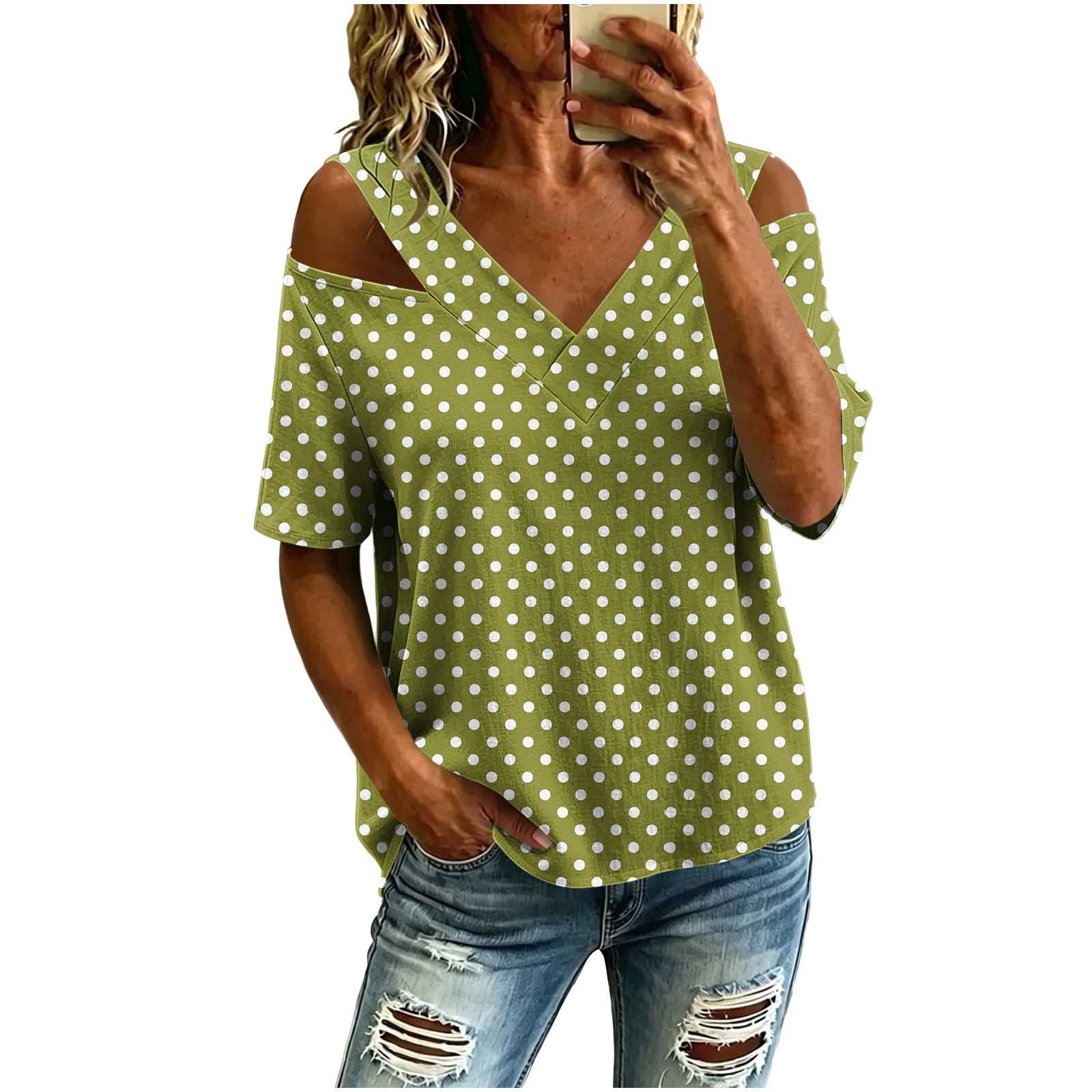 Ashyfjp Womens Cold Shoulder Tops Fashion Polka Dots Print Deep V Neck ...