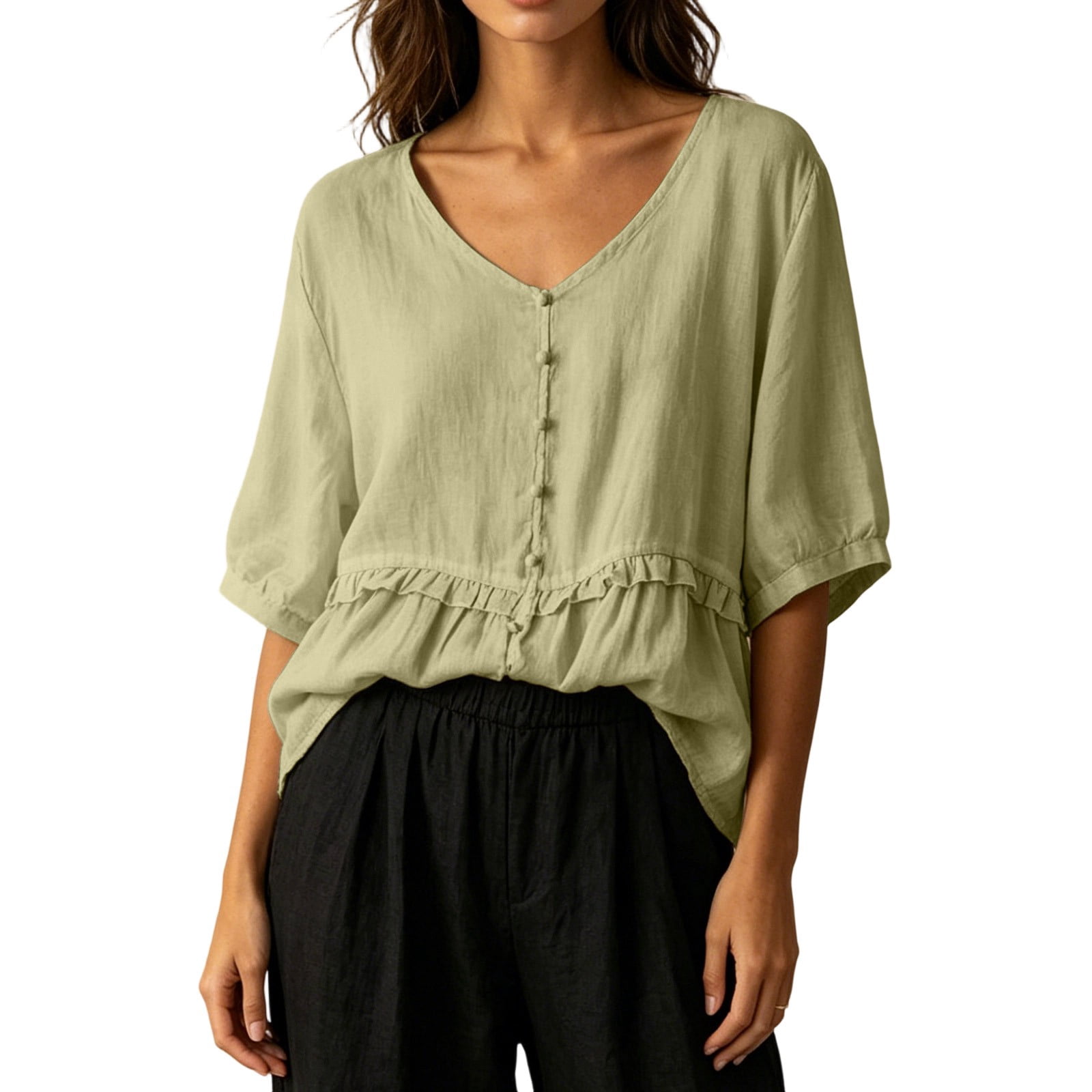 Ashyfjp Womens Cotton Linen Blouses Casual V Neck Mid Puff Sleeve Half ...