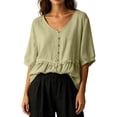 Ashyfjp Womens Cotton Linen Blouses Casual V Neck Mid Puff Sleeve Half ...