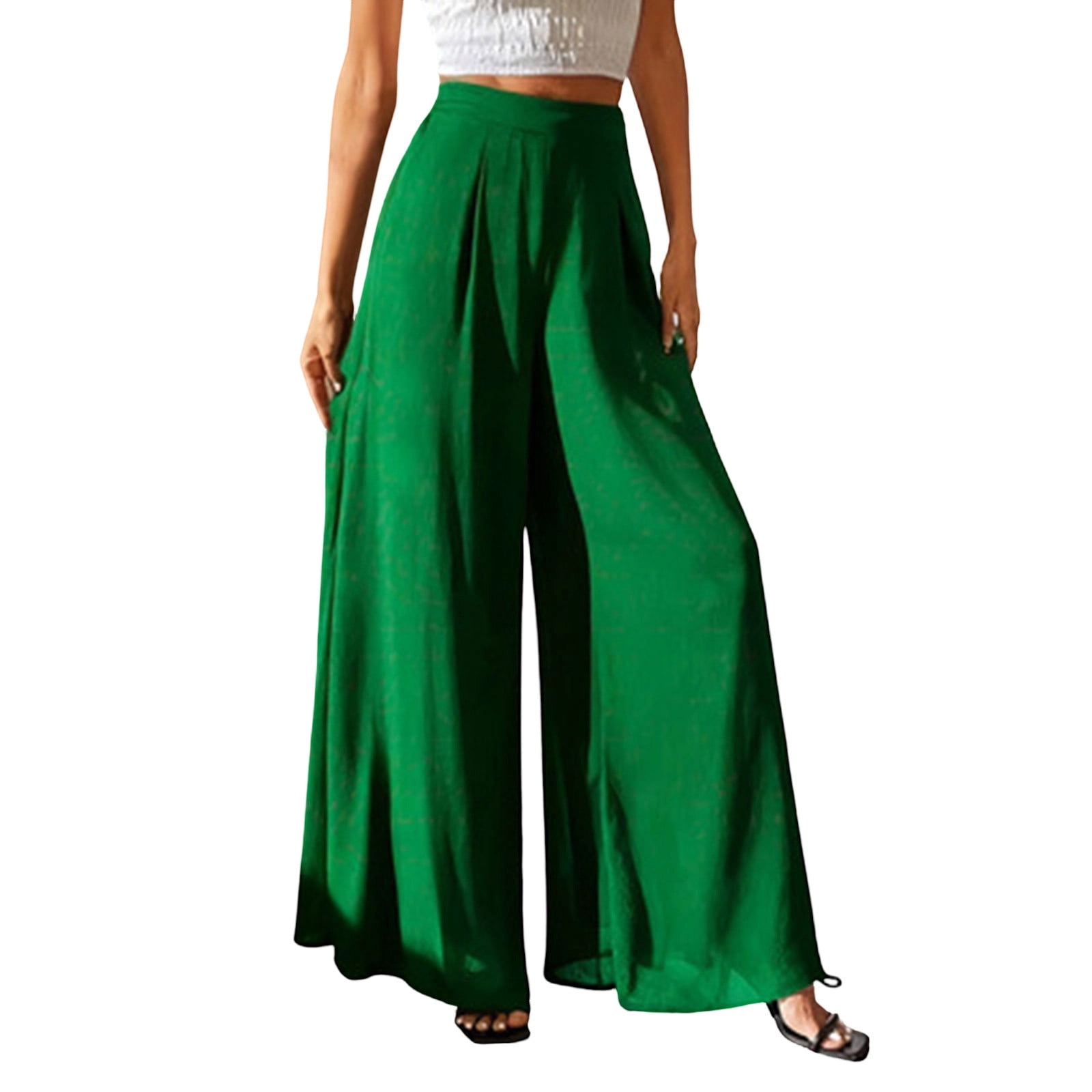 Ashyfjp Womens Pants Casual Solid Color Elastic Waist Loose Shiny ...