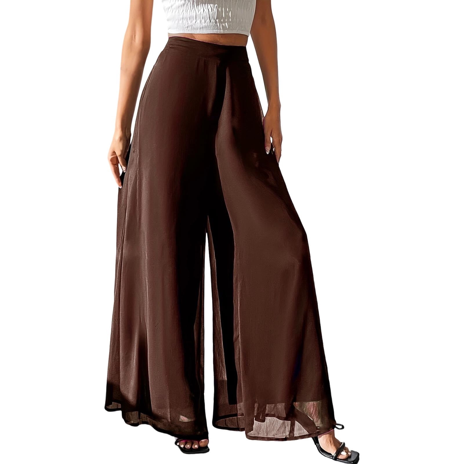 Ashyfjp Womens Pants Casual Solid Color Elastic Waist Loose Shiny ...