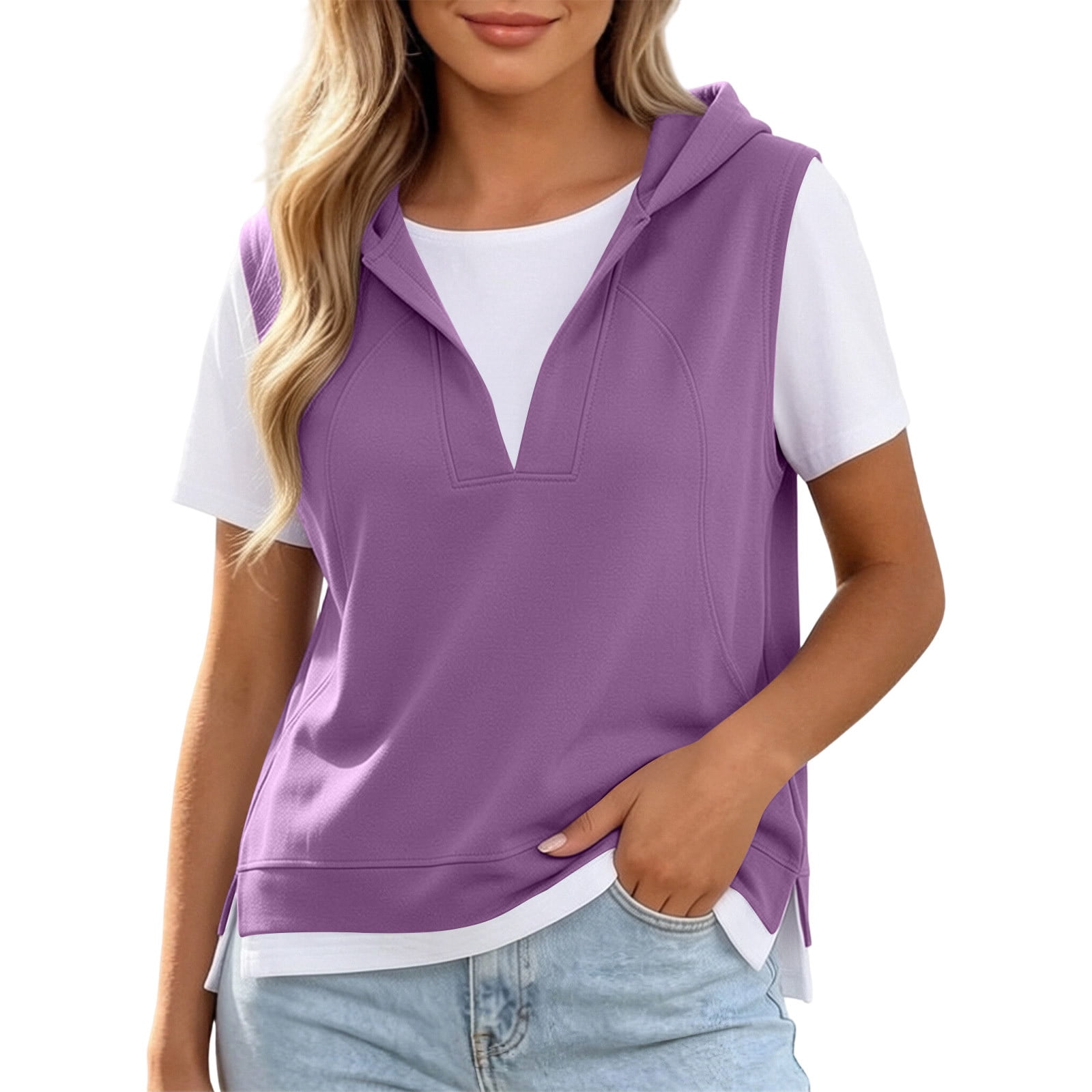 Ashyfjp Womens Tops Casual Solid Color Short Sleeve Fake Two Piece ...