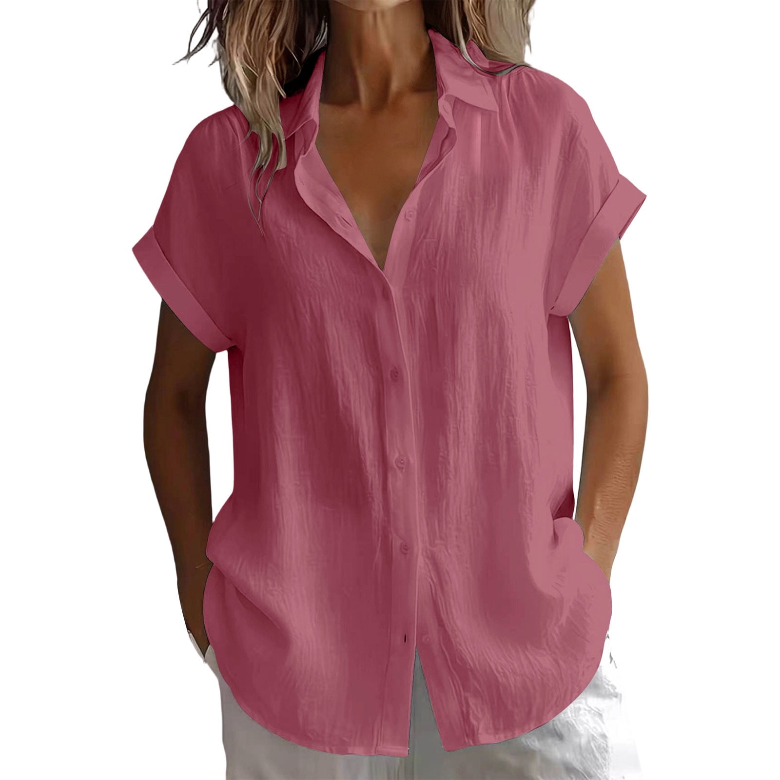 Ashyfjp Womens Tops Trendy Collared Cap Sleeve Full Button Front ...