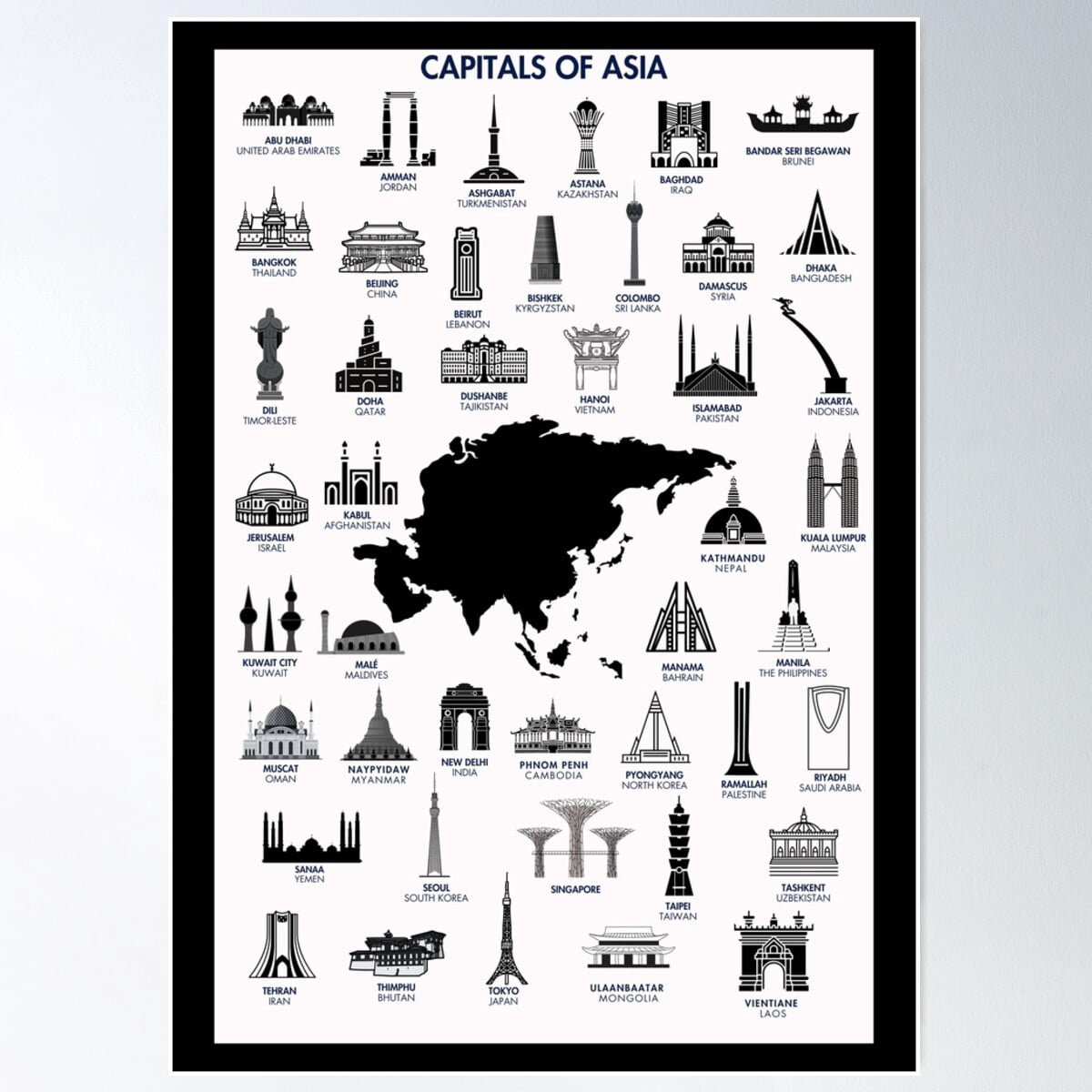 Asia: Capital Cities And Landmarks Poster Wall Art, Modern Wall Decor ...