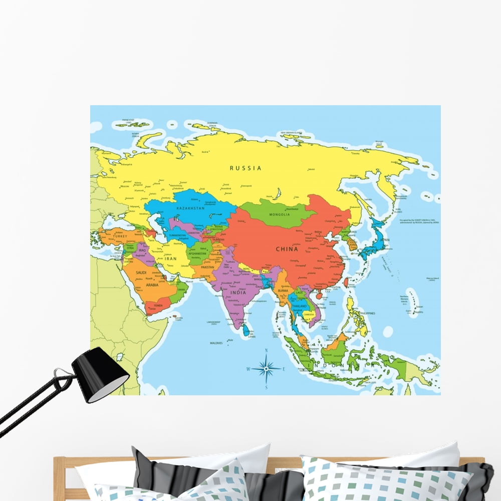 Asia Map Countries and Wall Mural Decal Sticker, Wallmonkeys Peel ...