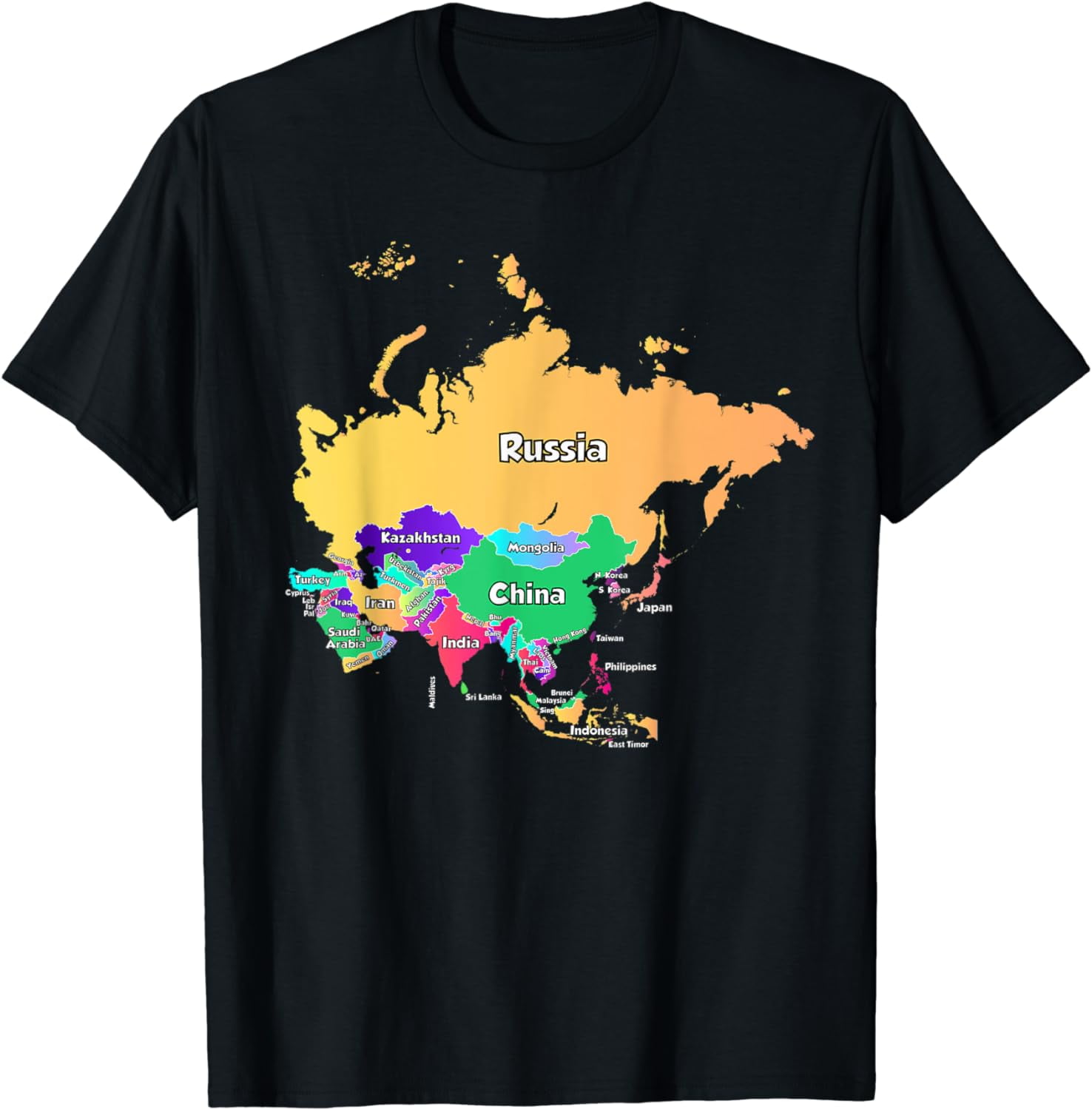 Asia map T-Shirt with boundaries and countries names T-Shirt - Walmart.com
