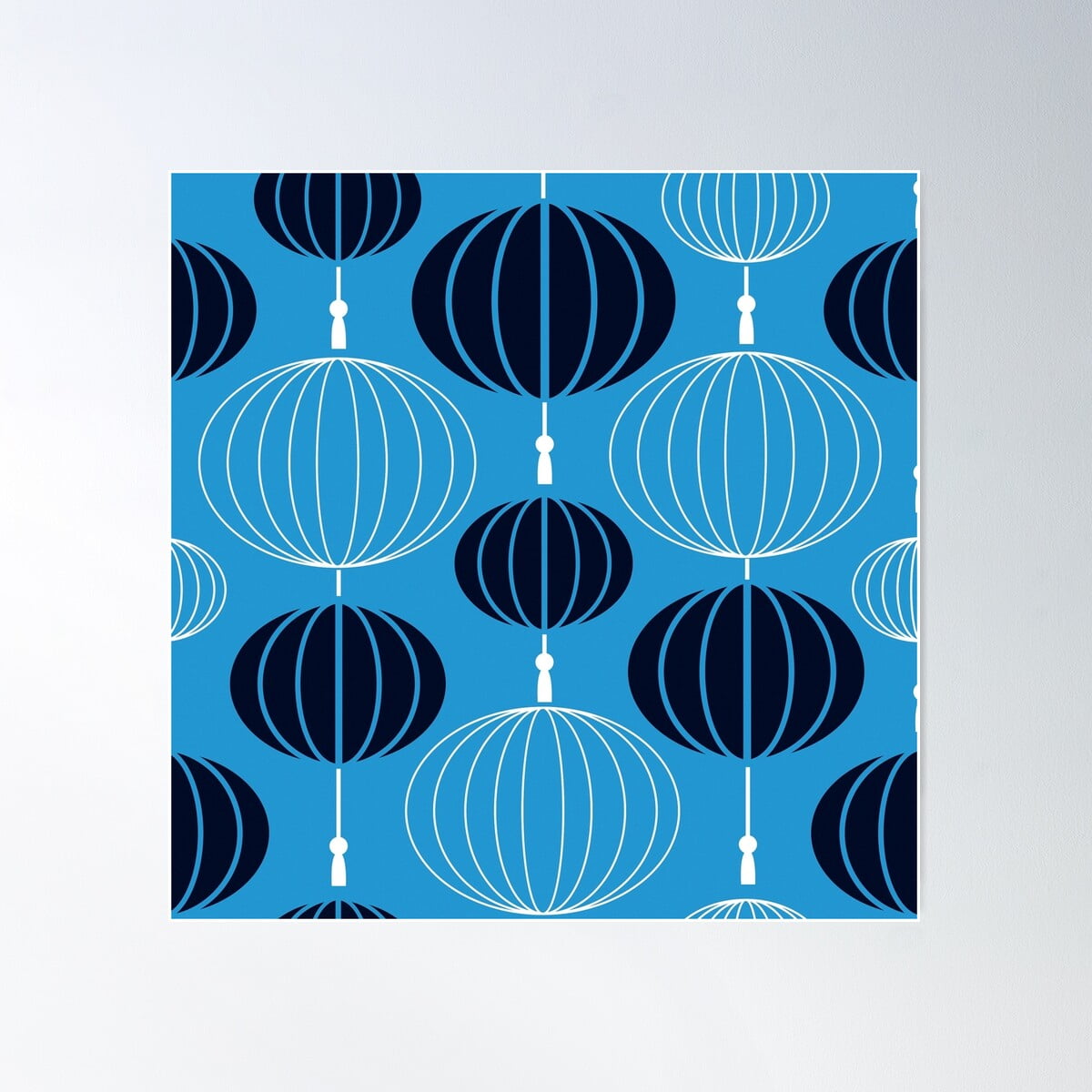 Asian Art Deco Lantern Pattern In Elegant Blue Poster Wall Art, Modern ...