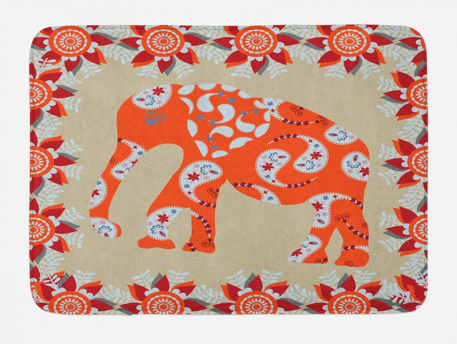 Asian Bath Mat, Elephant in Paisley Floral Drawing Ethnic Eastern Style ...