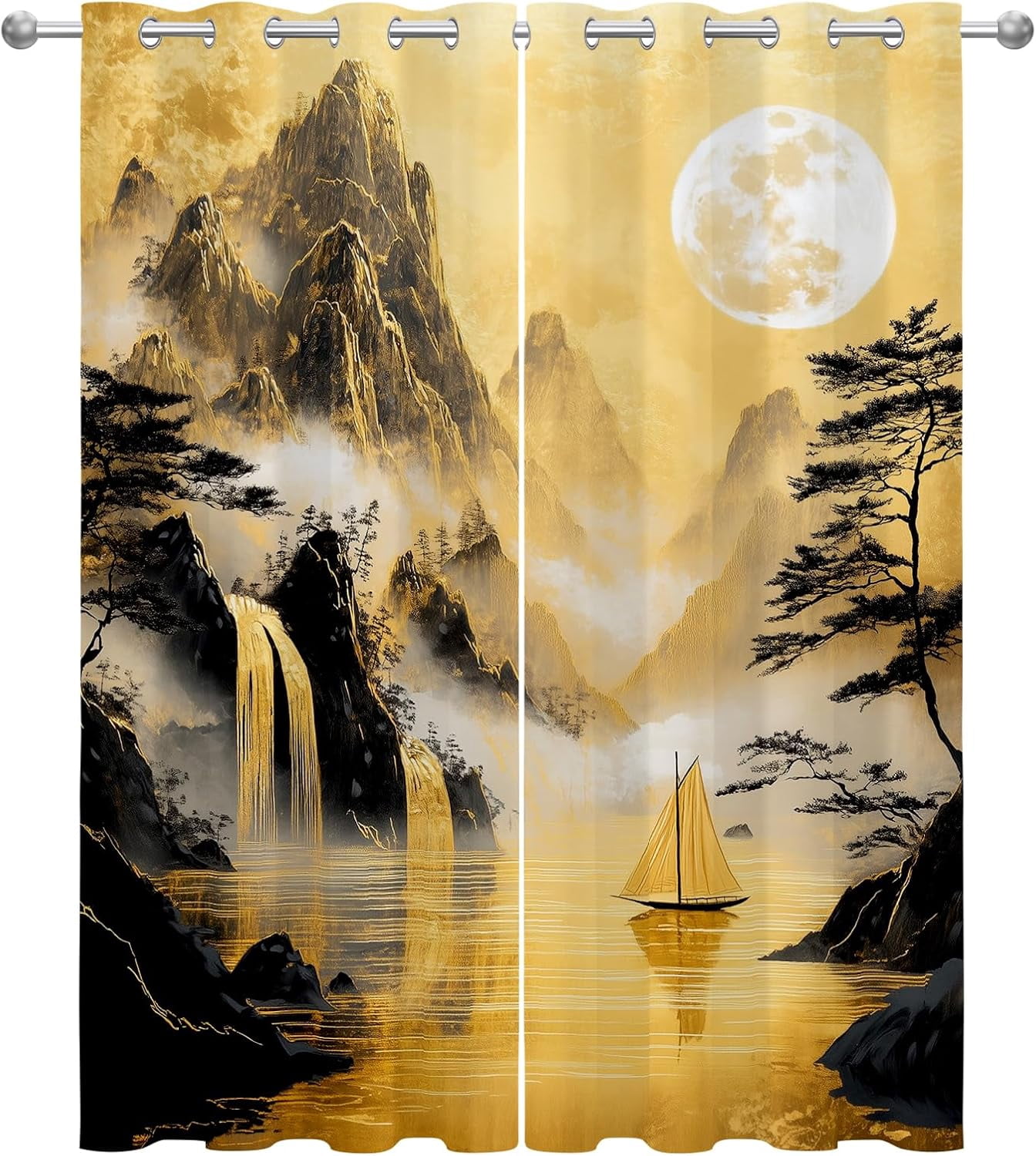 Asian Blackout Curtains, Traditional Oriental Nature Landscape Window ...