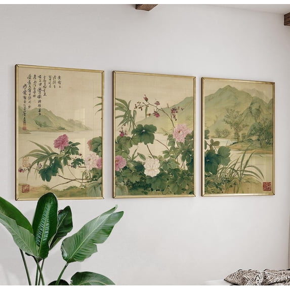 Asian Botanical Landscape Floral Nature Wall Art Triptych Set 3 ...