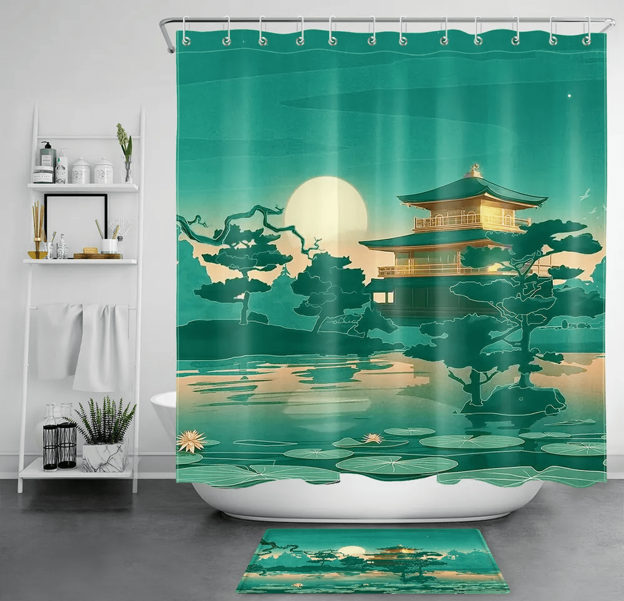 Asian Buddhist Temple Moon Night Lake Fabric Shower Curtain Set ...